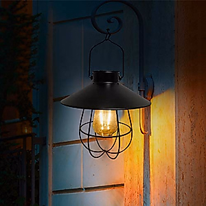 pearlstar Solar Hanging Lantern-Waterproof Metal LED Lights with Warm White Outdoor Lanterns Solar Powered Edison Bulb with Handle Design Decor for Garden Patio Courtyard Backyard Porch (Black)