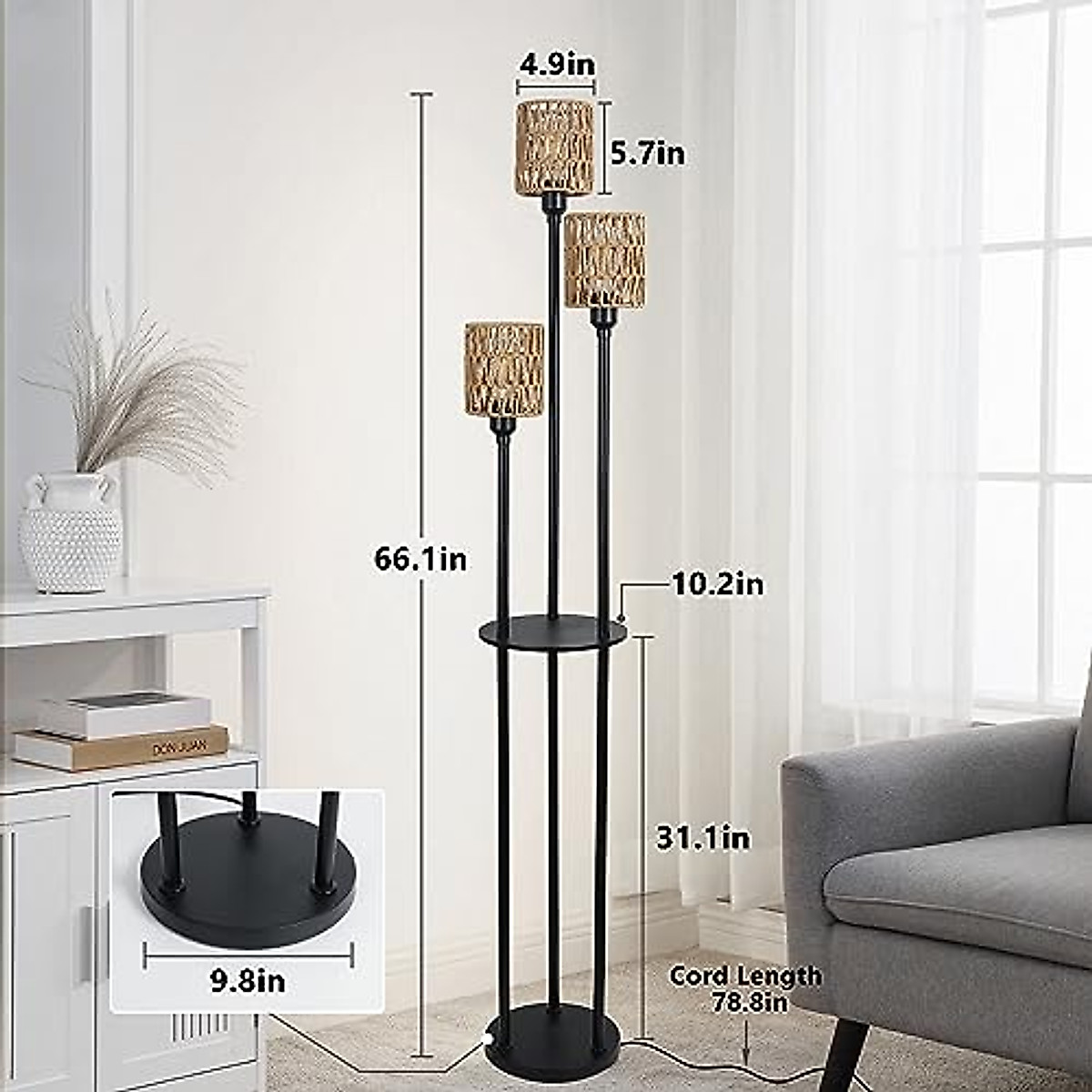 Stepeak Boho Floor Lamp, 3-Lights Rattan Floor Lamp with Shelves, Farmhouse Floor Lamp with ON/OFF Foot Switch, Rustic Standing Lamp with Rattan Shades, Tall Floor Lamps for Living Room Bedroom Office