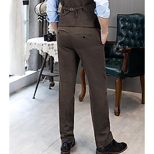 Ceehuteey Men's Retro Dress Suit Pants Thick Wool Flat Front Herringbone Tweed Trousers(Brown, 34W x 30L)