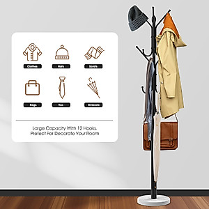 Ulimart Coat Racks Free Standing,Metal Sturdy Coat Rack with 12 Storages,Coat Tree with Natural Marble Base,For Hanging Coat Bags Hats Umbrella,For Entryway Bedroom Office