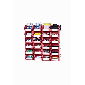 Triton Products 3-220RWS LocBin 26 Piece Wall Storage Unit with 7-3/8 Inch L x 4-1/8 Inch W x 3 Inch H Red Interlocking Poly Bins, 24 CT, Wall Mount Rails 8-3/4 Inch L with Hardware, 2 pk , Blue