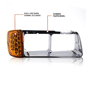Torque Headlight Bezel PAIR Replacement for 1989-2002 Freightliner FLD semi Trucks with Amber LED Turn Signal Light Assembly DOT SAE Approved Driver Left Passenger Right Side Set 3 Wires (TR039)