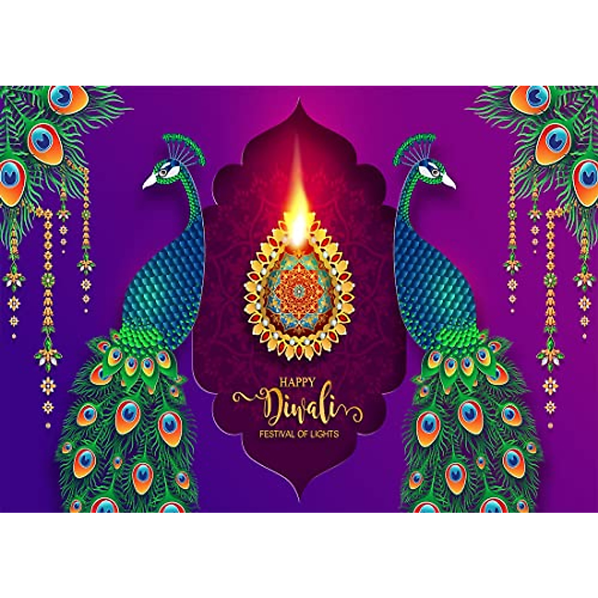 CORFOTO 5x3ft Fabric Happy Diwali Festival Backdrop Diwali Crystals Gold Diya Peacock Background Diwali Decorations Backdrop for Deevali Pooja Indian Wall Banner Happy Diwali Party Decorations Props