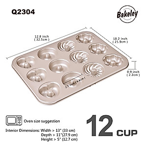 Bakeley Donut Mold Cake Pan, 12-Cavity Non-Stick Ring Doughnut Bakeware for Oven Baking (Champagne Gold)