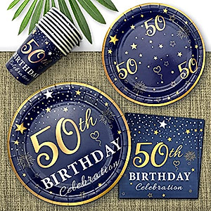 algpty 50th Birthday Decorations Plates and Napkins Blue and Gold, Service for 30, Birthday Party Bundle Includes Navy Blue Plates, Napkins, Cups 50th Birthday Supplies for Men Women
