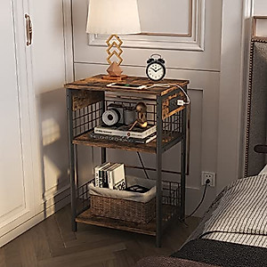 LDTTCUK Side Table with Charging Station & USB Ports,3-Tier End Table for Living Room,Study,Bedroom,Narrow Sofa Table Bedside Table with Storage Shelf,Small Nightstand,Rustic Brown