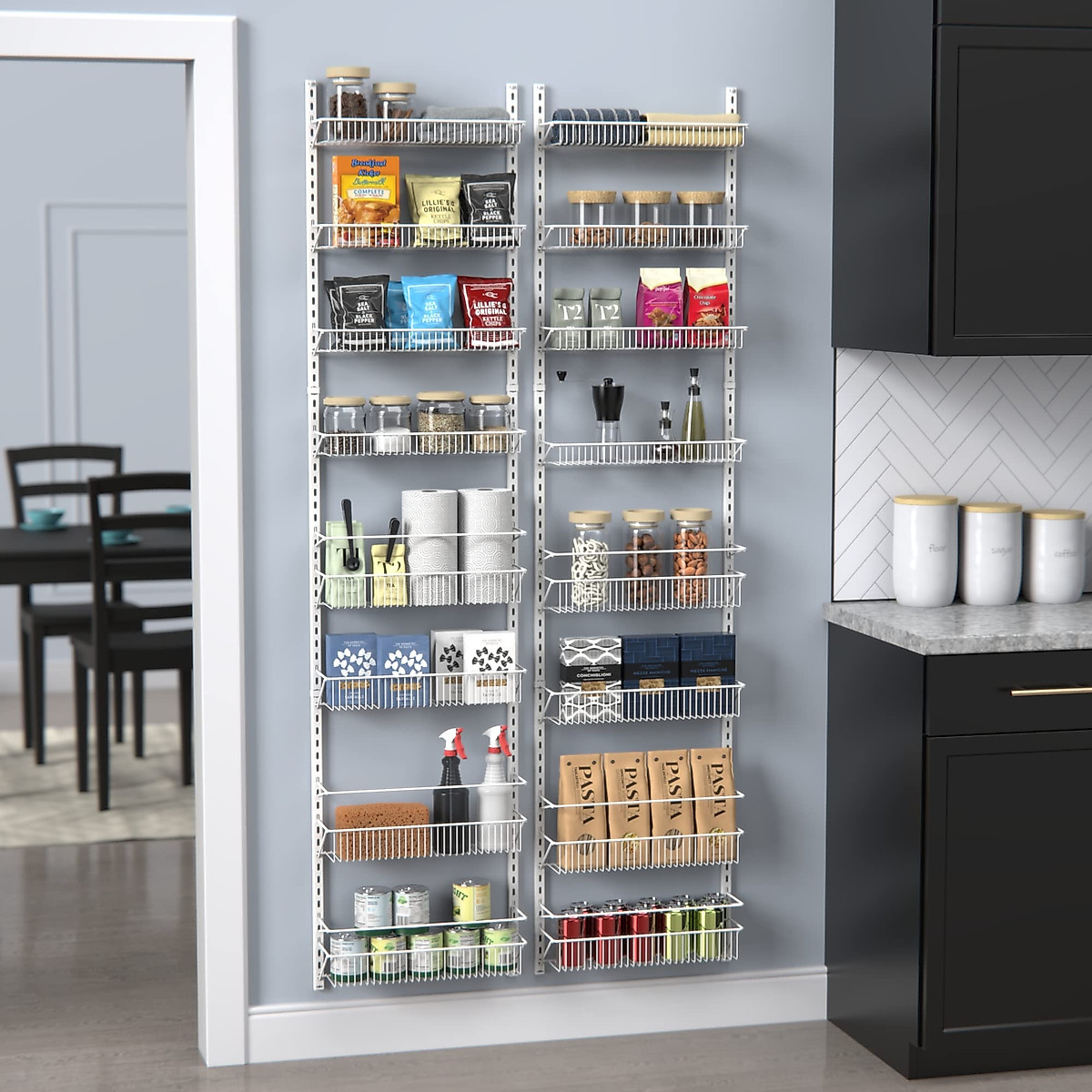 ClosetMaid Adjustable Organizer Rack with Baskets Wall or Over Door Mount, for Kitchen, Pantry, Utility Room, Closet, 18 in. W, White Finish, Pack of 2