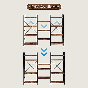 SUPERJARE Triple 4 Tier Bookshelf, Bookcase with 11 Open Display Shelves, Wide Book Shelf Book Case for Home & Office, Rustic Brown