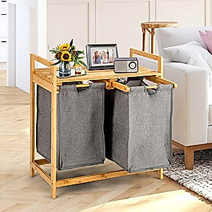 Bamboo Laundry Hamper with Dual Compartments Laundry Sorter and Sliding Bagswith Removable Sliding Bags & Shelf – Wooden Bamboo Laundry Organizer Cabinet for Bathroom (HOOYA1297)