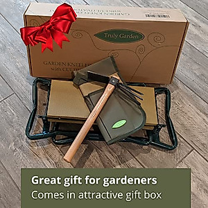 Truly Garden Upgraded Foldable Garden Kneeler and Seat - Includes Cultivator Hoe Garden Tool and Two Tool Pouches. Lightweight and Heavy Duty with Comfortable EVA Foam Pad