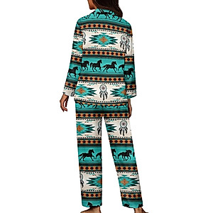 Boatee Women's 2 Piece Pajama Set Aztec Tribe Green Horse Button Down Shirt Pants Sleepwear Set, M