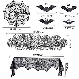 Orgrimmar 35 PCS Halloween Decorations Set Include Lace Spider Web Table Runner, Round Lace Table Cover, Fireplace Scarf Cover and 32 Pieces 3D Bats Wall Sticker Decal
