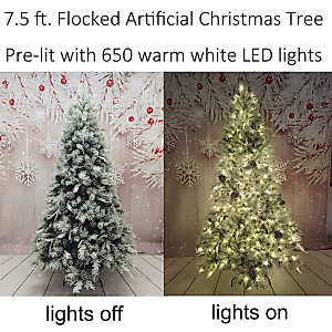 Kuopociaga Flocked Artificial Christmas Tree Prelit 650 LED Lights 7.5 Feet Pine