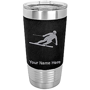 LaserGram 20oz Vacuum Insulated Tumbler Mug, Skier Downhill, Personalized Engraving Included (Faux Leather, Black)