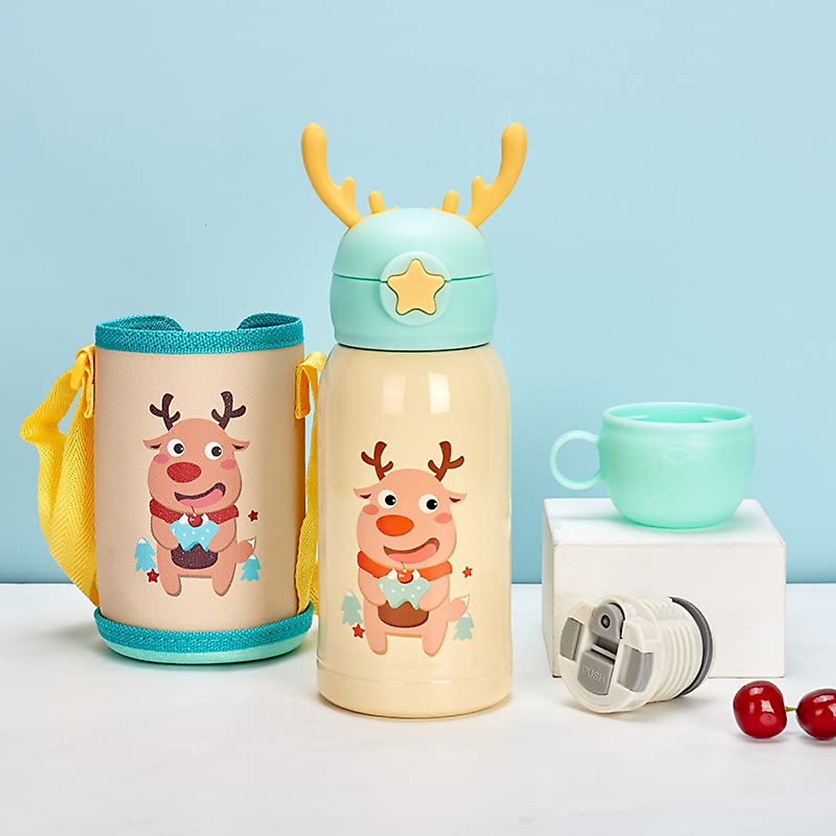 THERMOS Toddler water bottle with straw and double lid. Stainless steel cup with carrier bag 500ml. (REINDEER)