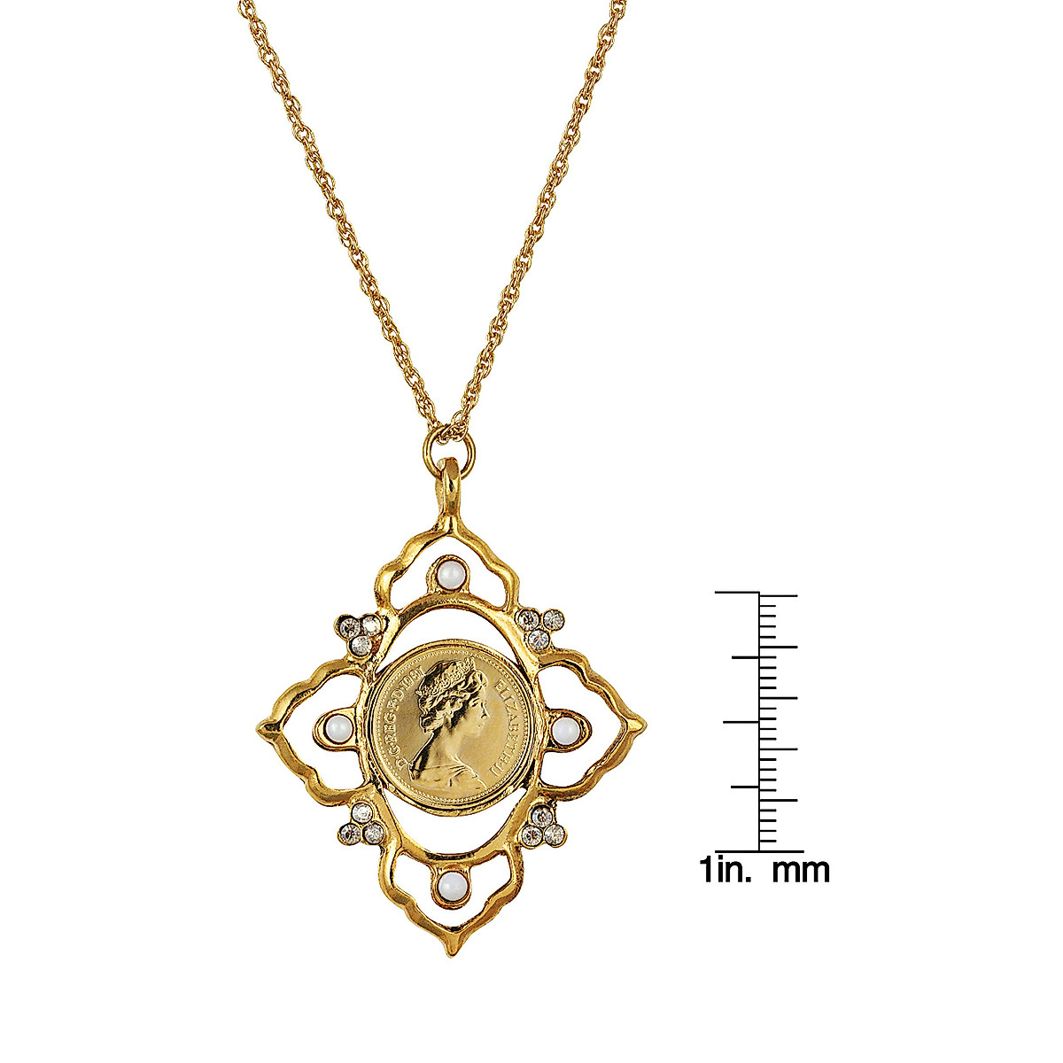 American Coin Treasures Pendant Necklace with Queen Elizabeth II 1/2 New Penny Great Britain Coin | Victorian Style Goldtone | 21 Inch Rope Chain with Lobster Claw Clasp | Certificate of Authenticity