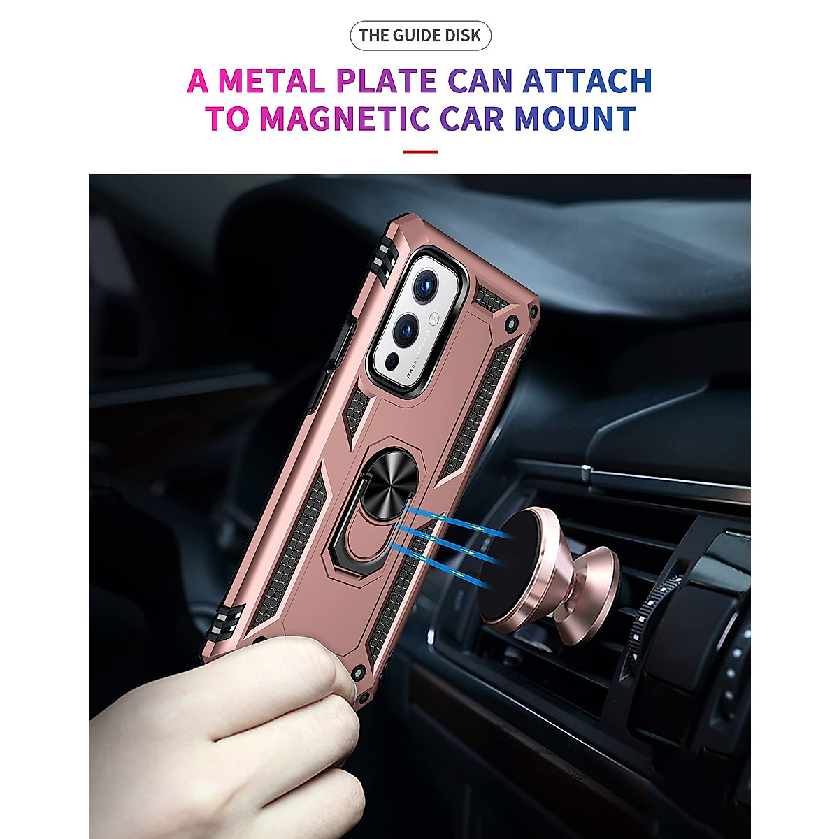 Dionsibei Military Grade Drop Impact for Oneplus 9 Case Oneplus 9 5G Case 360 Metal Rotating Ring Kickstand Holder Armor Heavy Duty Shockproof Case for Oneplus 9 Phone Case (Rose Gold)