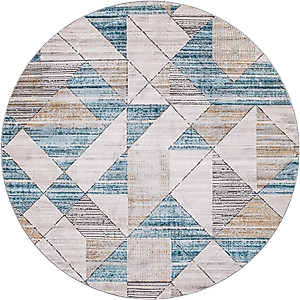 Rugs.com Leipzig Collection Round Rug – 7 Ft Round Blue Low-Pile Rug Perfect for Kitchens, Dining Rooms