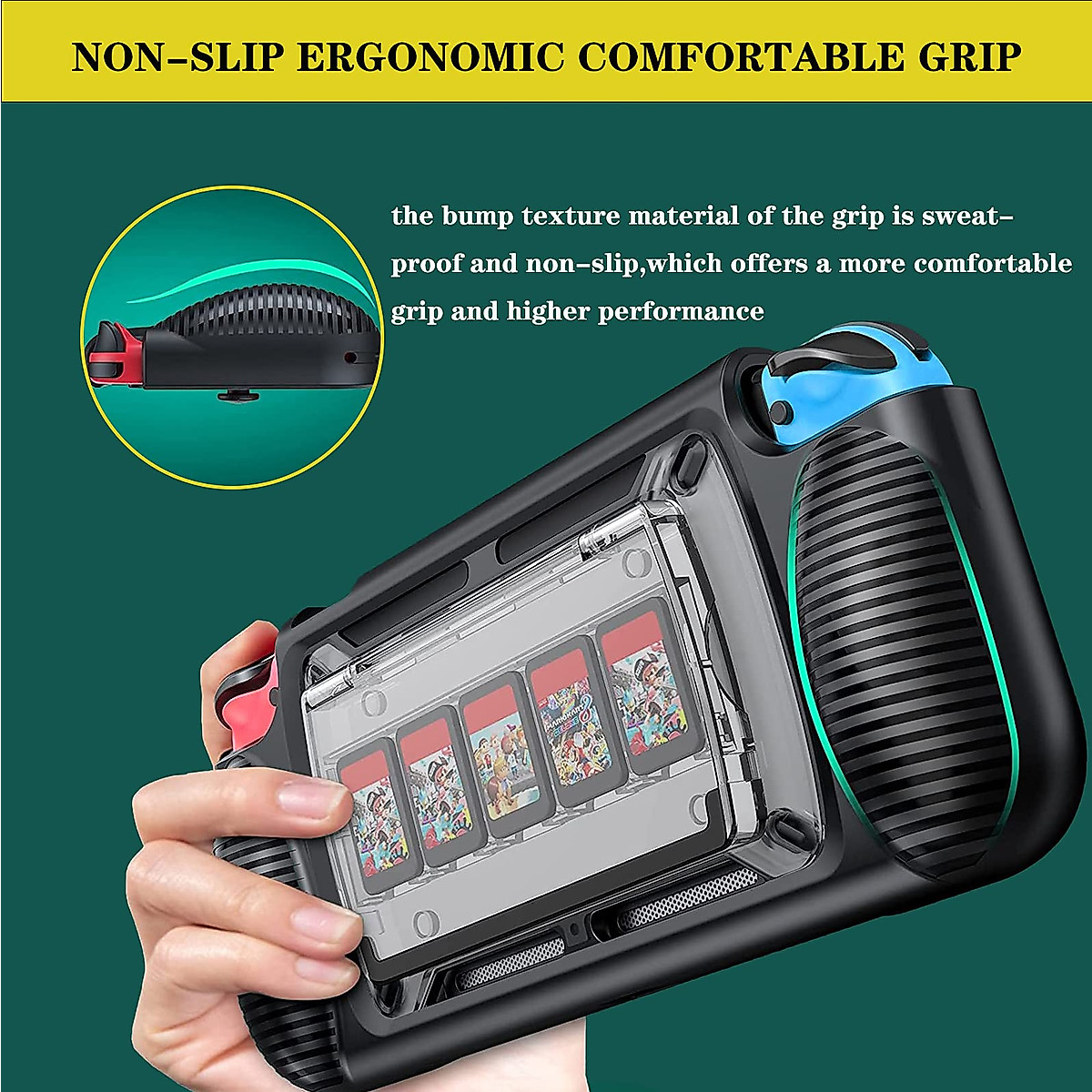 HOMMES Protective Case for Nintendo Switch Games, Switch Case with 7 Game Cards Storage Slots, 360° Full Protection switch accessories with Ergonomic Design and Adjustable Kickstand,6 Thumb Grip Caps