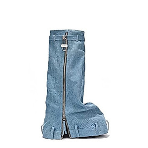 Cape Robbin Women's Fold Over Knee High Boots Platform Heel Padlock Boot with Zipper JENAS - DENIM 7