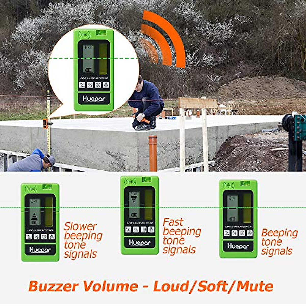 Huepar LR-5RG Laser Detector for Laser Level - Green and Red Beam Receiver for Use with Pulsing Line Lasers, Two-Sided Back-lit LCD Displays, Automatic Shut-Off Timer, Clamp Included