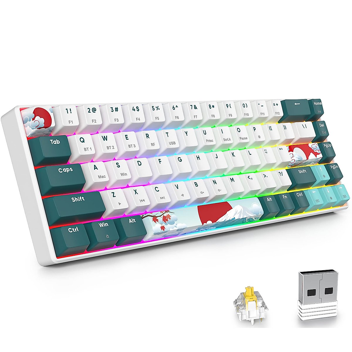 Fogruaden Hot Swappable 60% Wireless Mechanical Gaming Keyboard 60 Percent, 2.4G/USB-C/Bluetooth Keyboard, RGB Backlit, 68 Keys NKRO Compact Mini Keyboard for Win/Mac(Gateron Yellow Switch, Forest)