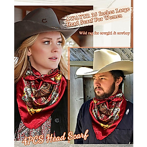 AWAYTR 35" Large Silk Hair Scarf for Women - 4Pcs Satin Head Scarf Square Hair Bandanas Floral Wild Rag Sleeping Head Wraps (Cashew(Black/Olive Green/Red/Pink))