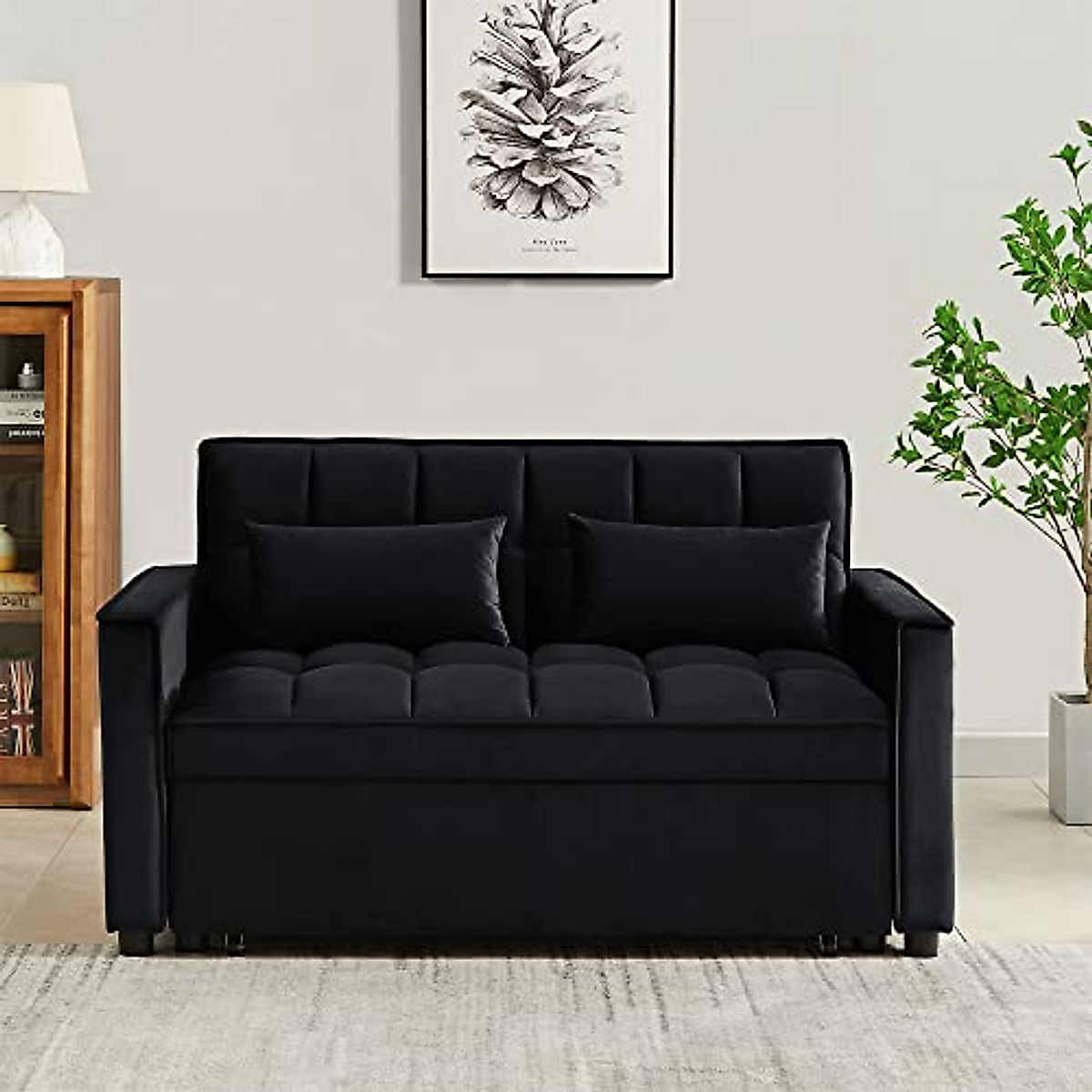 Holaki Convertible Velvet Sleeper Sofa Bed, 55.2" Velvet Loveseat Sofa Modern Pull Out Sofa Bed Lounge Chaise Armchair with Adjustable Backrest,2 Lumbar Pillows,Small Couch for Home Office(Black)