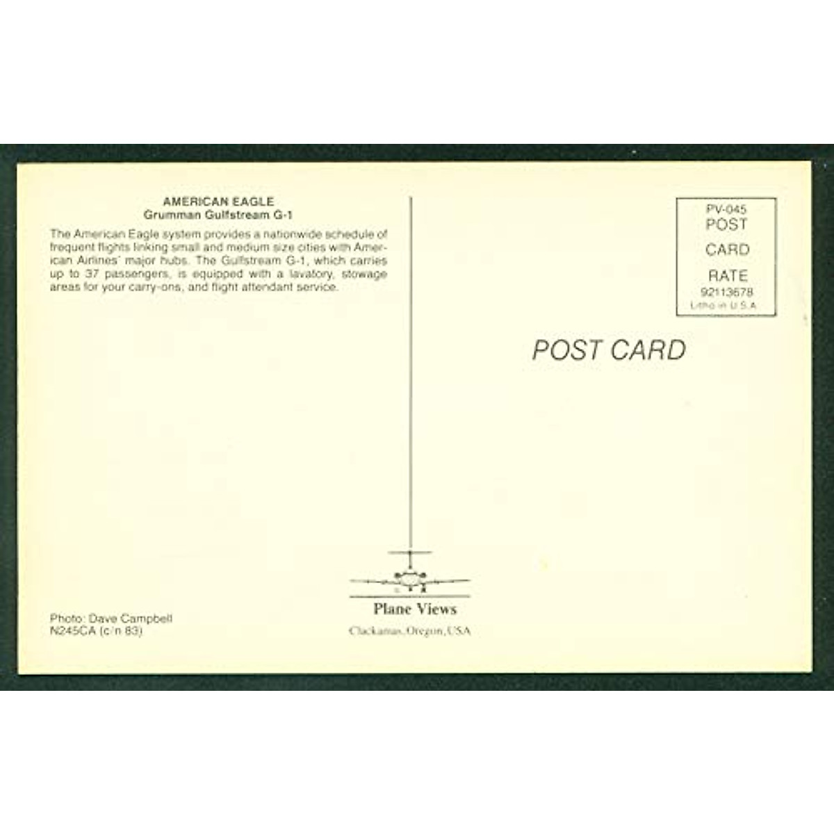 American Eagle Airline Grunman Gulfstream G-1 Aircraft Airplane Postcard