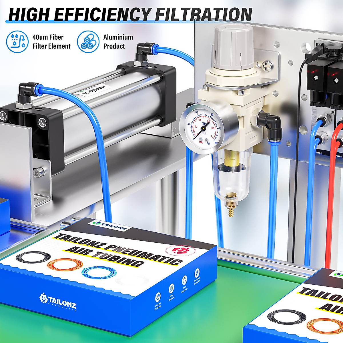 TAILONZ PNEUMATIC 1/4 Inch NPT Air Filter Pressure Regulator Combo Piggyback, Air Tool Compressor Filter with Gauge AW2000-02