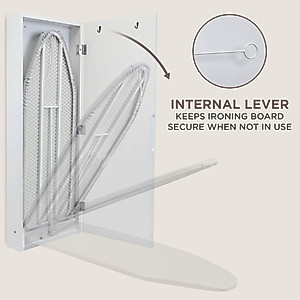Ivation Wall-Mounted Ironing Board Cabinet with Mirror, Foldable Ironing Storage Station for Home, Apartment, Easy-Release Lever, Garment Hooks, White