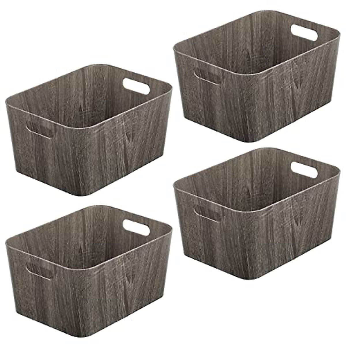 mDesign Wood Print Food Bin Box with Handles - Rustic Basket for Kitchen and Pantry Vegetable and Potato Storage - Perfect for Garlic, Onions, Fruit, and More - 16" Long - 4 Pack - Black