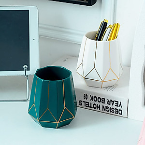 YOSCO Ceramic Desk Cute Pen Holder Stand Gold Line Pencil Cup Pot Desk Organizer Makeup Brush Holder (B-Dark Green)