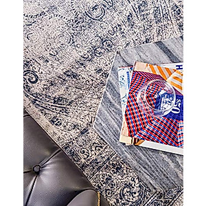 Unique Loom Chateau Collection Victorian, Textured, Vintage, Traditional, Distressed Area Rug, 10 ft x 14 ft (5 in), Navy Blue/Ivory