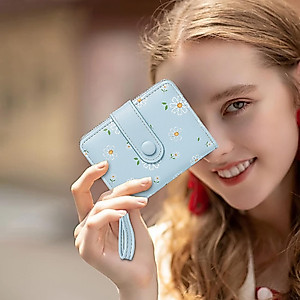 Sunwel Fashion Cute Daisy Flowers Print Wallets with Exterior Zipper Around Coin Purse Bifold Bill Wallet with Credit Card Holder Id Window (BLUE)