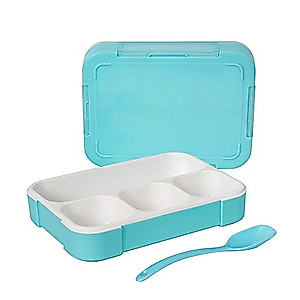 Dporticus 2 Pack Plastic Portable 4 Compartments Leak-proof Bento Lunch Box with Spoon for Adults BPA Free Microwave Safe,Blue