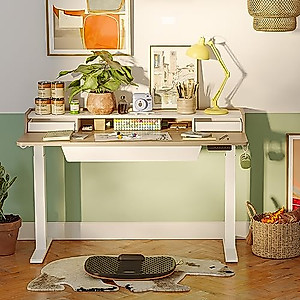 FEZIBO Height Adjustable Electric Standing Desk with Three Drawers, 48 x 25 Inch Table with Storage Shelf, Sit Stand Desk with Storage Space, Splice Board with White Frame/Light Walnut Top, 48 inch