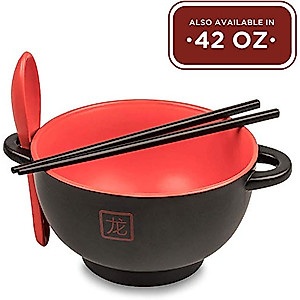 Japanese Ceramic Ramen Bowl Set - Ramen Noodles Bowl with Chopsticks & Soup Spoon - Red Dragon Japanese Food Dish Set - Asian Food Serving Dishes - Gift Set - Pho Soup Bowl - Asian Rice Bowls - 42 oz