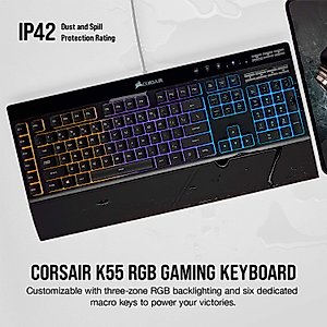 Corsair K55 RGB Gaming Keyboard - Quiet & Satisfying LED Backlit Keys - Media Controls - Wrist Rest Included - Onboard Macro Recording (Renewed)