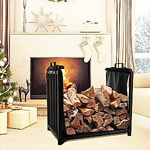 WHDPETS Firewood Rack Fireplace Log Holder with Canvas Carrier, Outdoor Indoor Firewood Rack Holder Logs Stand for Fireplace Wood Storage, 20 inch Tall, Black