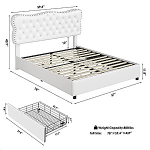HOSTACK Full Bed Frame with 4 Storage Drawers, Upholstered Platform Bed Frame with Button Tufted Headboard, Heavy Duty Mattress Foundation with Wooden Slats, No Box Spring Needed (White, Full)