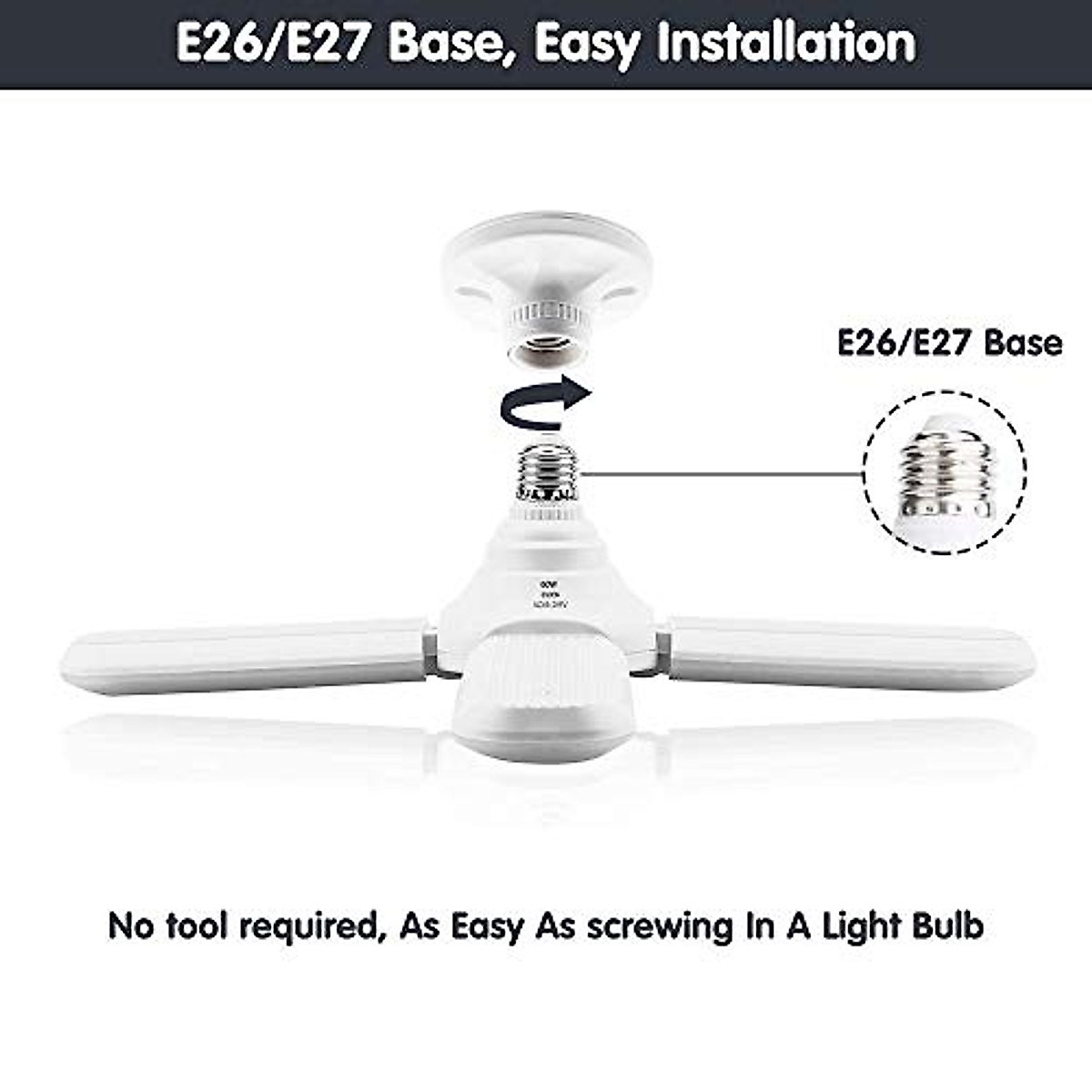 Intpro LED Garage Light, Deformable Garage Ceiling Light,60W 6000LM E26/E27 Super Bright Bulb,6500K Daylight High Bay Light Lamp with 4 Adjustable Panels,Utility Shop Light