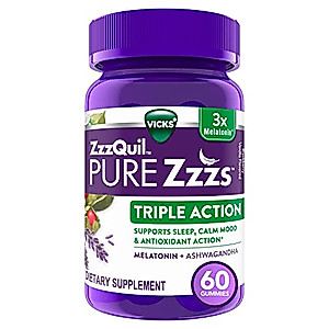 ZzzQuil PURE Zzzs Triple Action, 6mg Melatonin Gummies, 3X Sleep Aid with Ashwagandha, Calm Mood & Antioxidant for Adults, 6 mg per serving, 60 Count