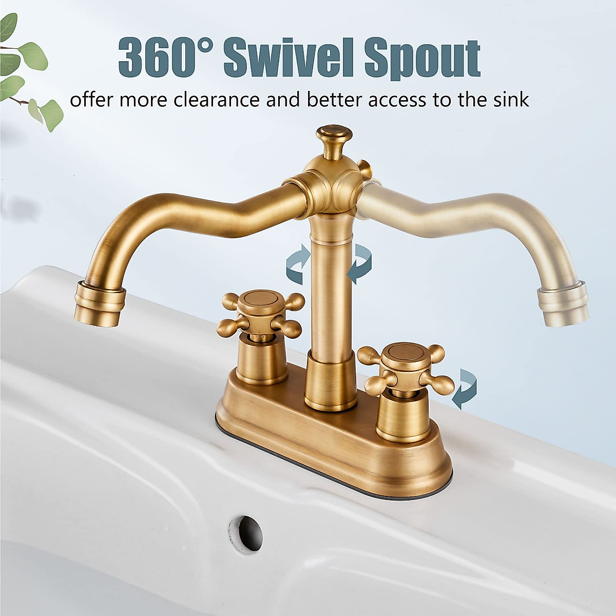 Aolemi Antique Brass 4 Inch Centerset Deck Mounted Bathroom Sink Faucet Vintage with 2 Cross Handles RV Mixer Tap Basin Vanity Lavatory Utility for Sink 3 Hole Include Water Hose & Pop Up Drain