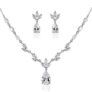 SWEETV Wedding Jewelry Set for Bride Bridesmaids, Teardrop Bridal Necklace Earrings Set, Cubic Zirconia Wedding Bridal Jewelry for Women