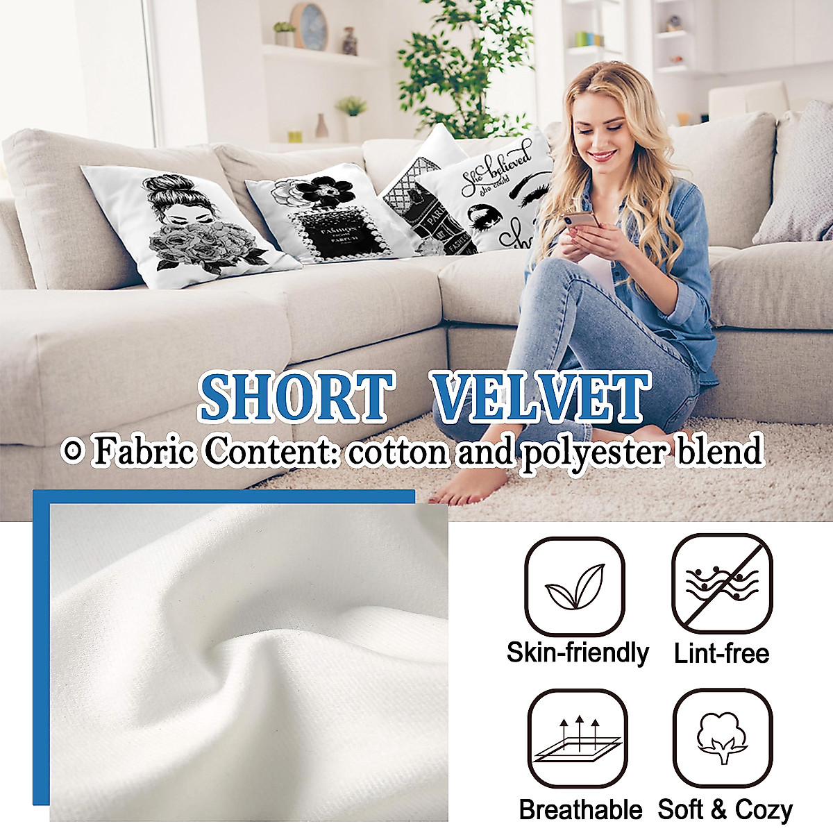 HSINYA Set of 4 18x18 Couch Bed Decorative Pillow Covers Black White Throw Pillow Covers Fashion Girls Bling Perfume Eyelashes High Heels Sayings Gray Flowers Cute Accent Pillow Covers (Black White)