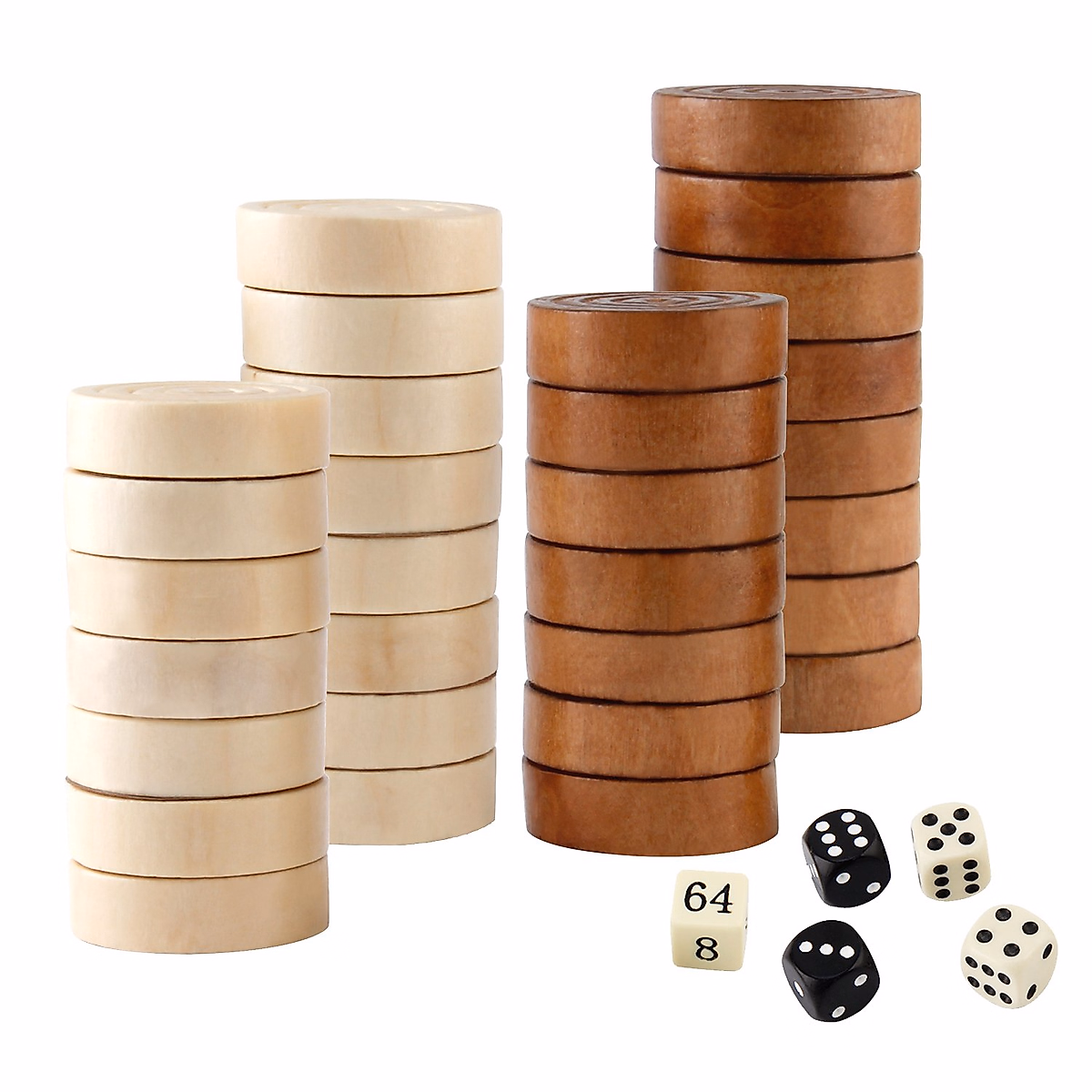 Amerous Thread Wooden Checkers Pieces Nature Wood Backgammon Pieces with Drawstring Bag, 5 Dices Included