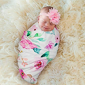 R HORSE Newborn Baby Swaddle Blankets Headband Sets Including 2 Pack of Swaddle Blanket & Headband Floral Pattern Receiving Blankets for Baby Shower Newborn Gift (0-3 Months)