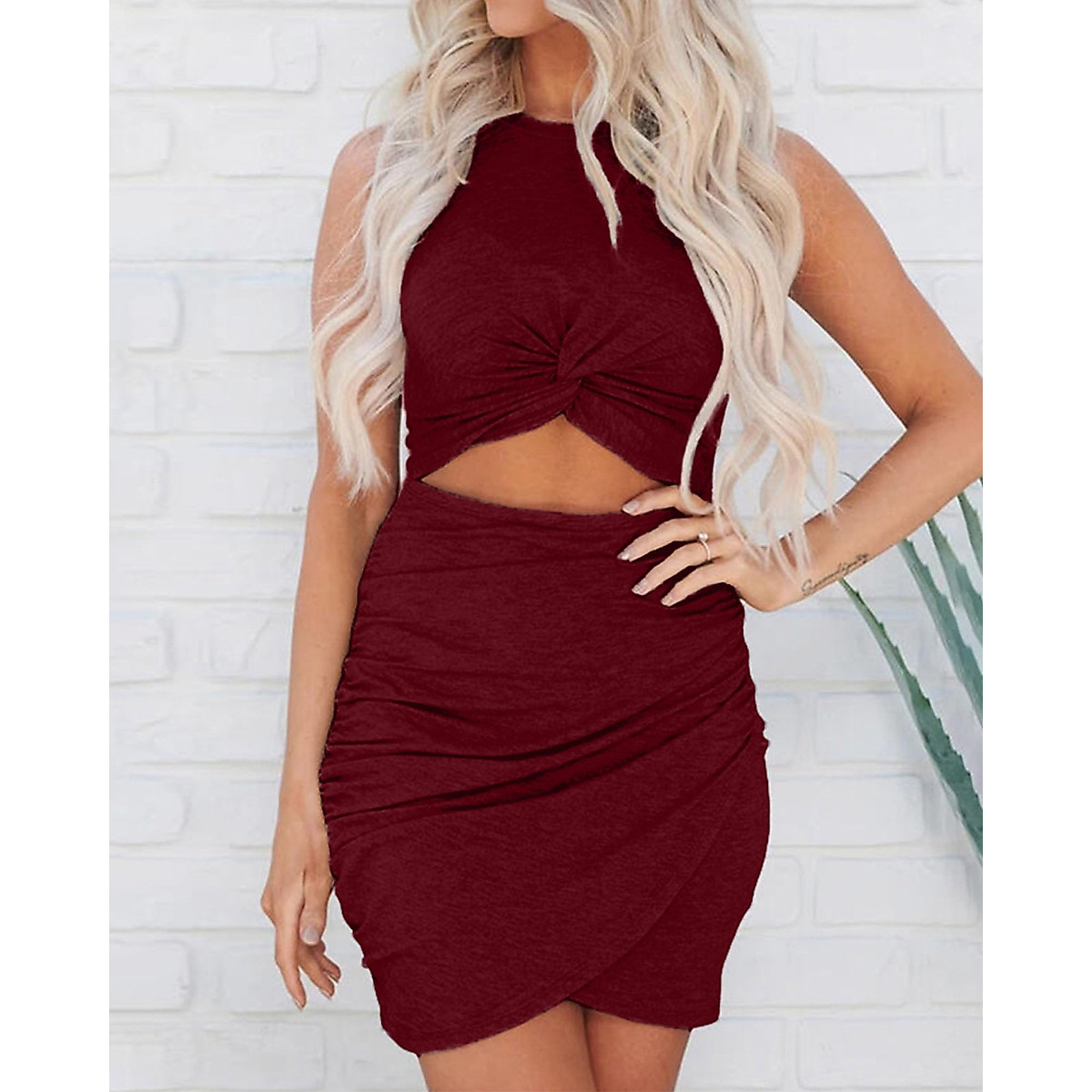 BTFBM Women 2025 Summer Sleeveless Casual Crewneck Bodycon Tank Dress Cutout Twist Slim Wrap Club Party Evening Dresses(Solid Wine Red, Medium)