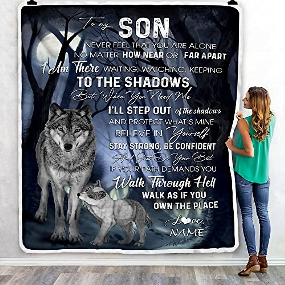 CenturyTee personalize to My Son from Mom Blanket Never Feel You are Alone Wolf Moon Night Dark Forest Family Love Son Birthday Christmas custom Fleece Blanket (60x80in - Adult Size),Multicolour,170